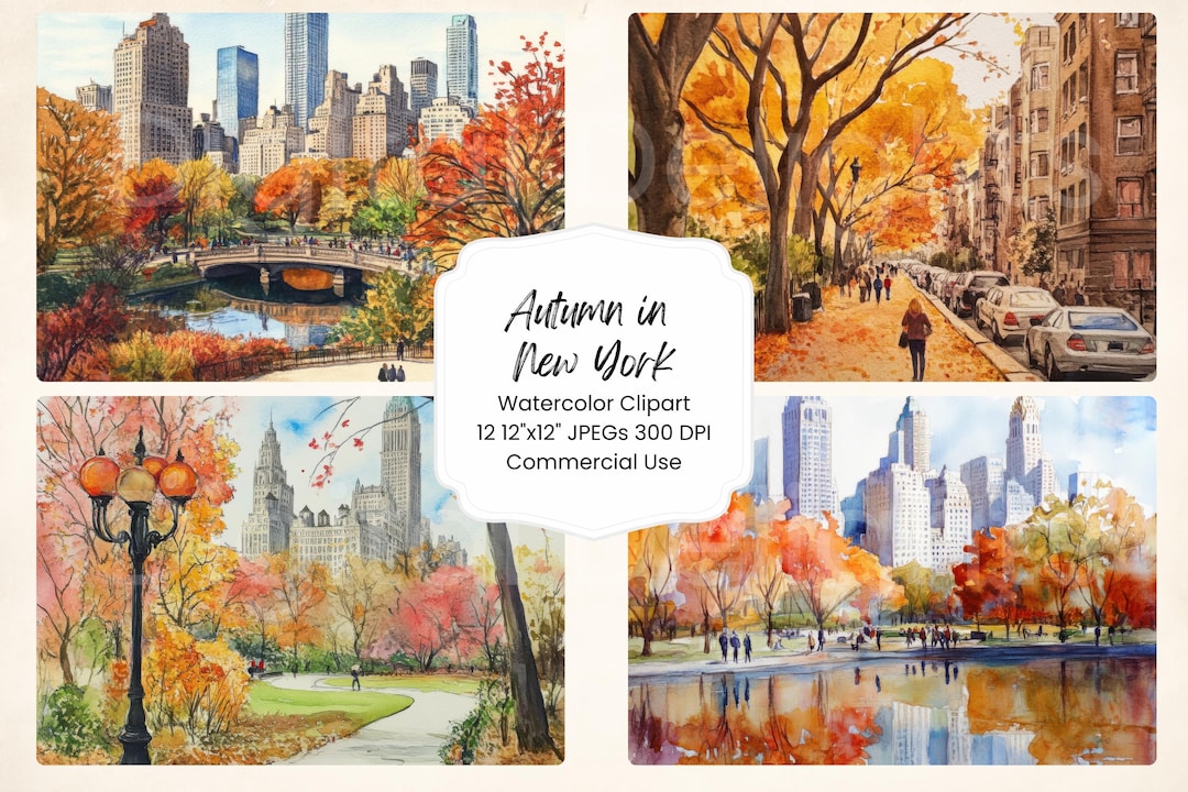 Autumn in New York Clipart Watercolor Digital Paper Bundle 12 JPEG Fall ...