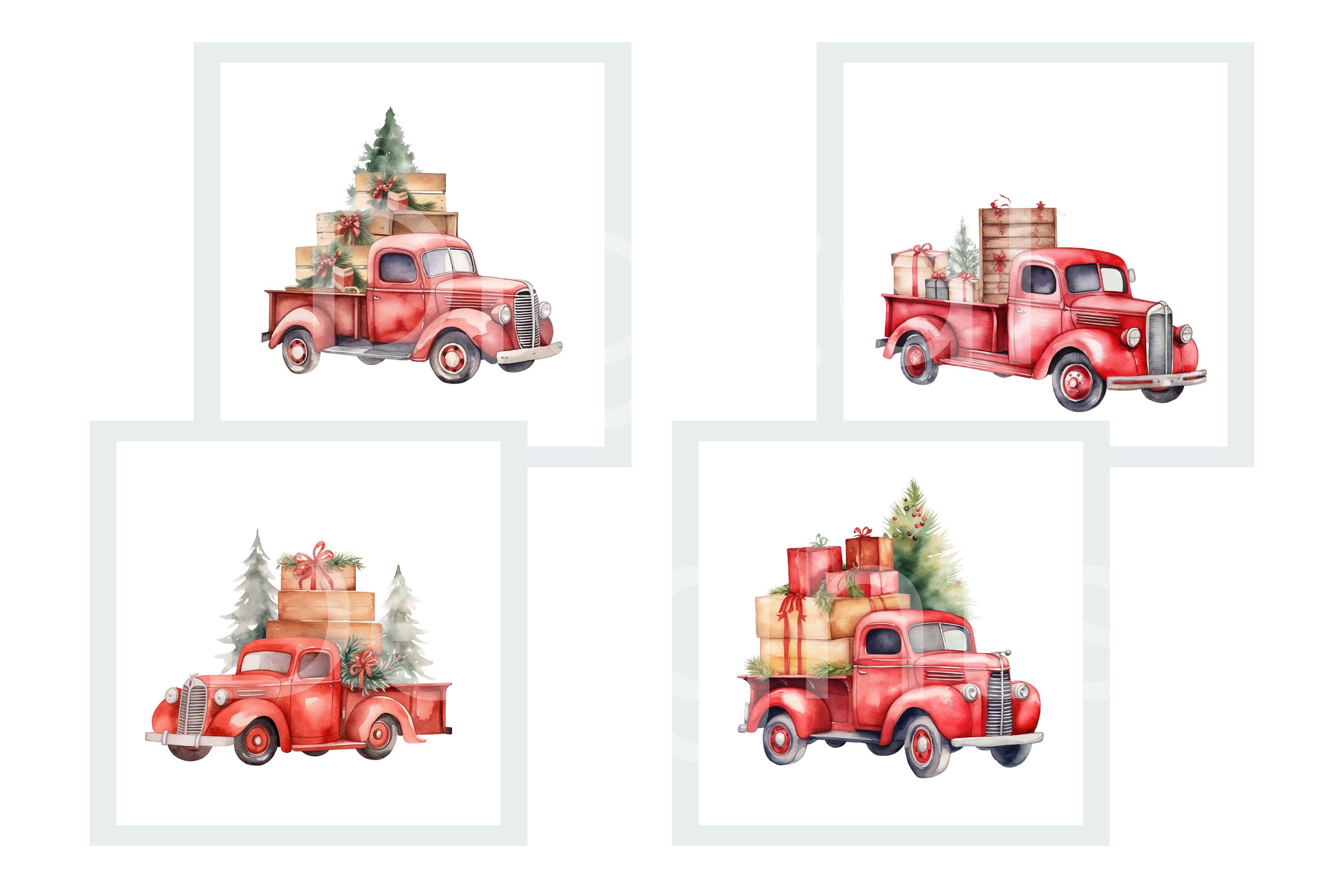 Retro Christmas Truck Clipart Watercolor Digital Paper Bundle - Etsy