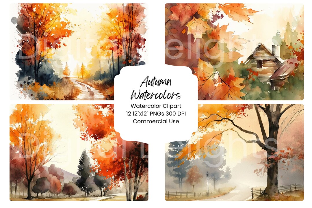 Autumn Scene Clipart Watercolor Digital Paper Bundle 12 PNG Fall ...