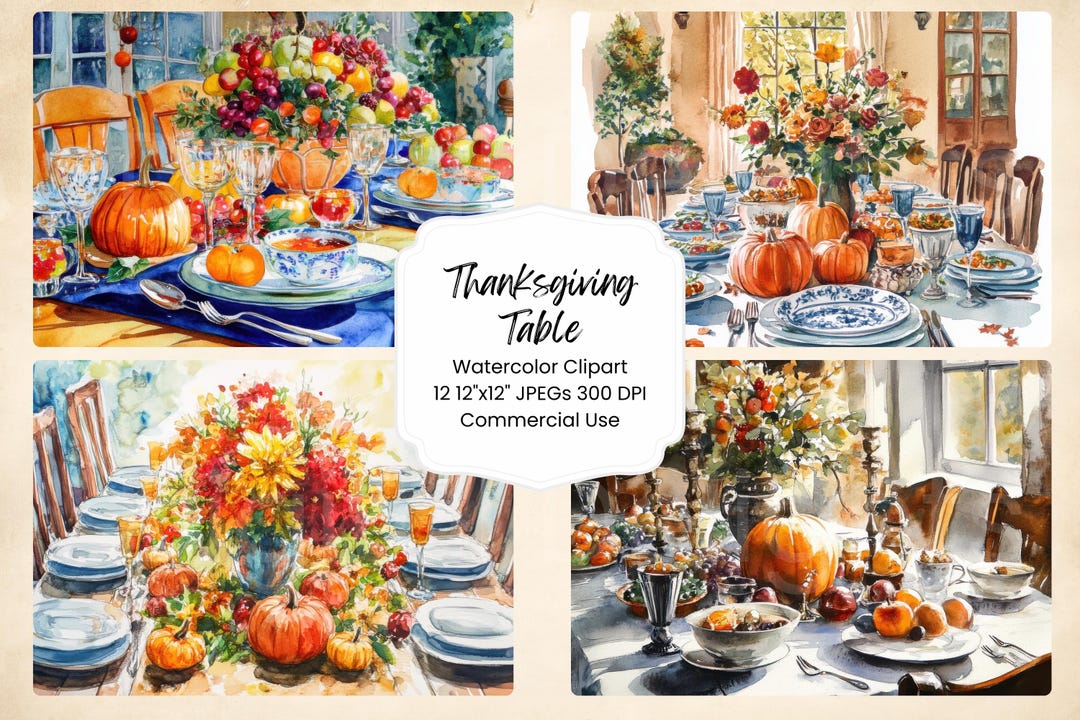 Thanksgiving Dinner Table Clipart Watercolor Digital Paper Bundle 12 ...