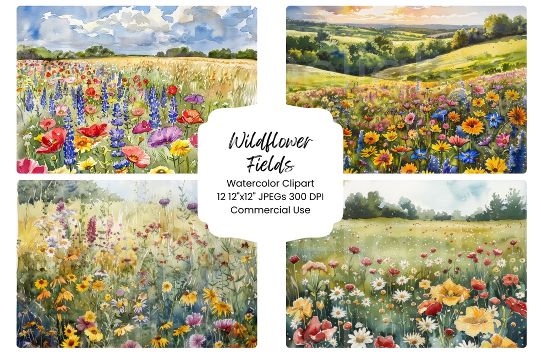 Field of Wildflowers Meadow Clipart Watercolor Meadow Wedding Design ...