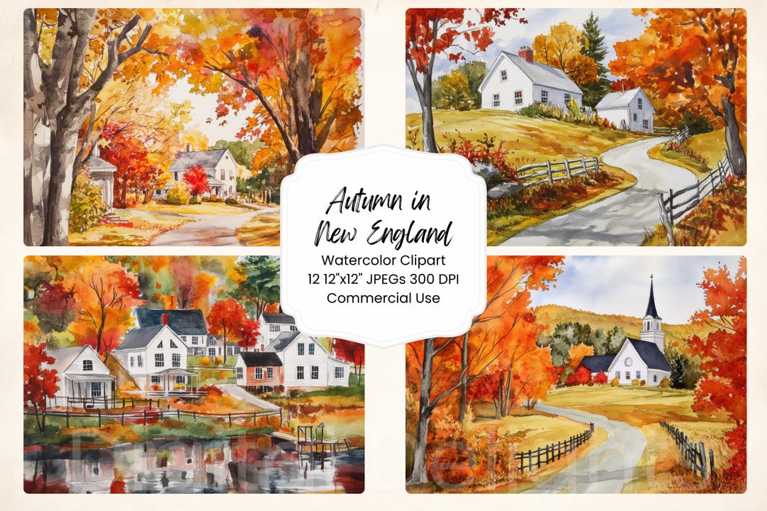 Autumn in New England Watercolor Clipart: Fall Scenery Digital Paper ...