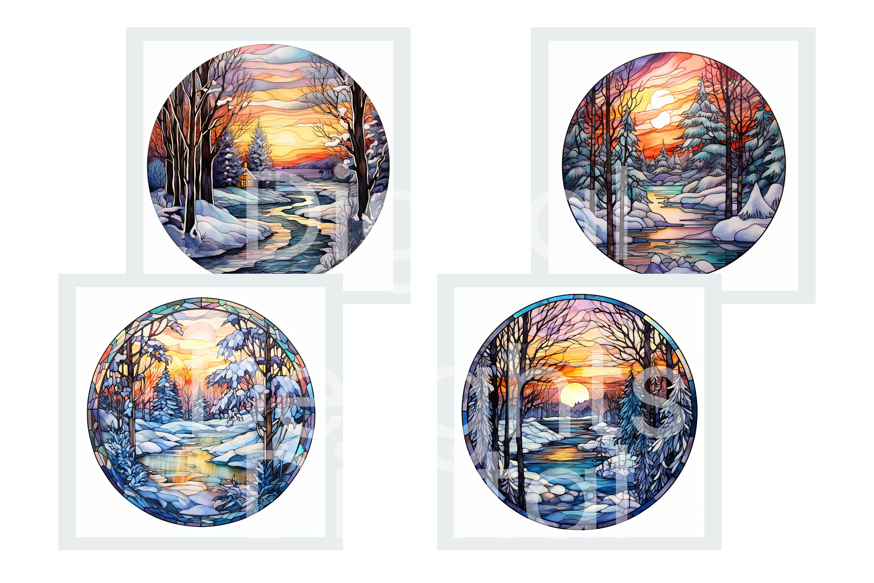 Winter Scene Stained Glass Clipart Watercolor Digital 12 PNG - Etsy