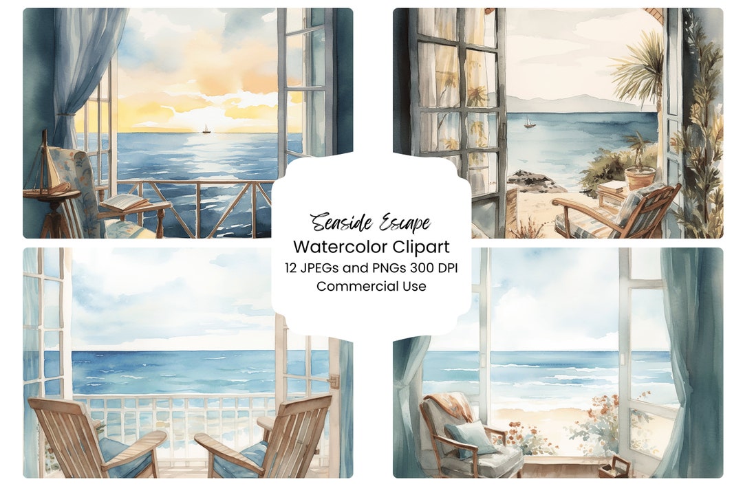 Seaside Escape Vacation Watercolor Digital Paper Bundle 12 PNG JPG ...