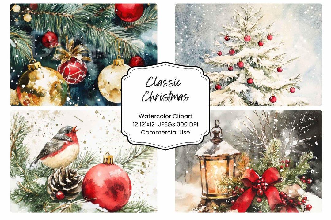 Classic Christmas Watercolor Clipart Bundle: Festive Holiday Tree ...