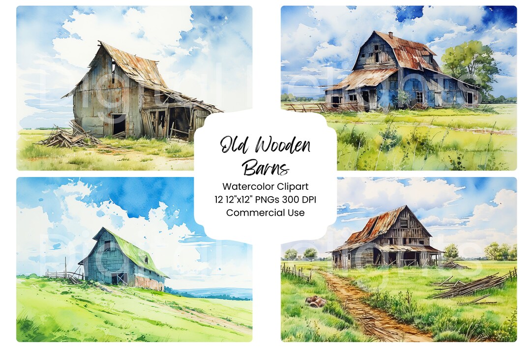 Old Wooden Barn Clipart Watercolor Digital Paper Bundle 12 PNG Spring ...