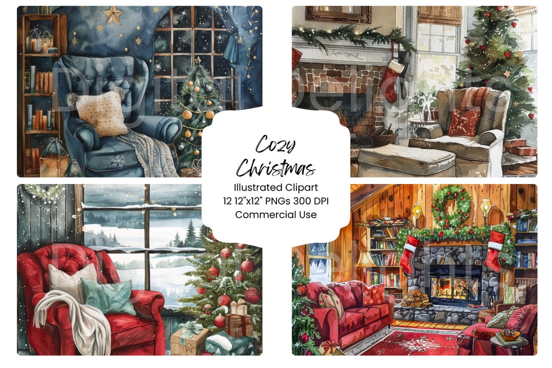 Cozy Christmas Room Clipart Watercolor Digital Paper Bundle 12 JPEG ...