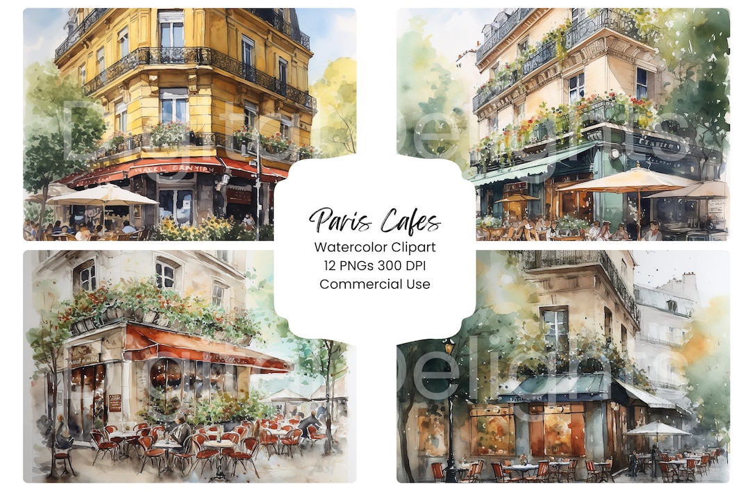 Paris Cafes Watercolor Digital Paper Bundle 12 PNG Watercolor Parisian ...