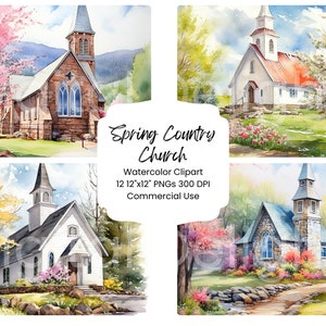Spring Church Watercolor Clipart: Country Easter PNG Bundle (digital ...