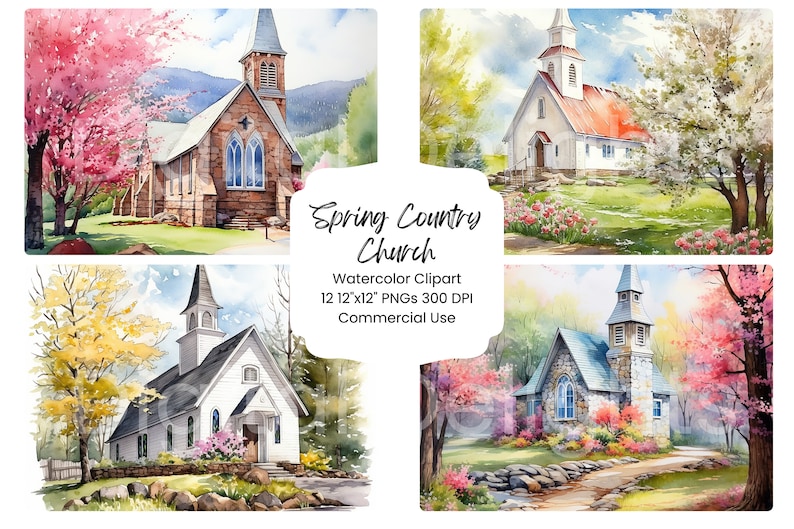 Spring Church Watercolor Clipart: Country Easter PNG Bundle (digital ...