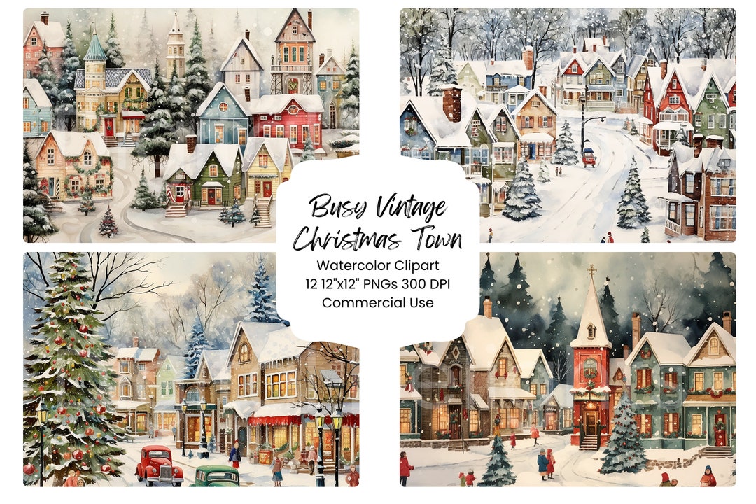 Busy Vintage Christmas Town Watercolor Digital Paper Bundle 12 PNG ...