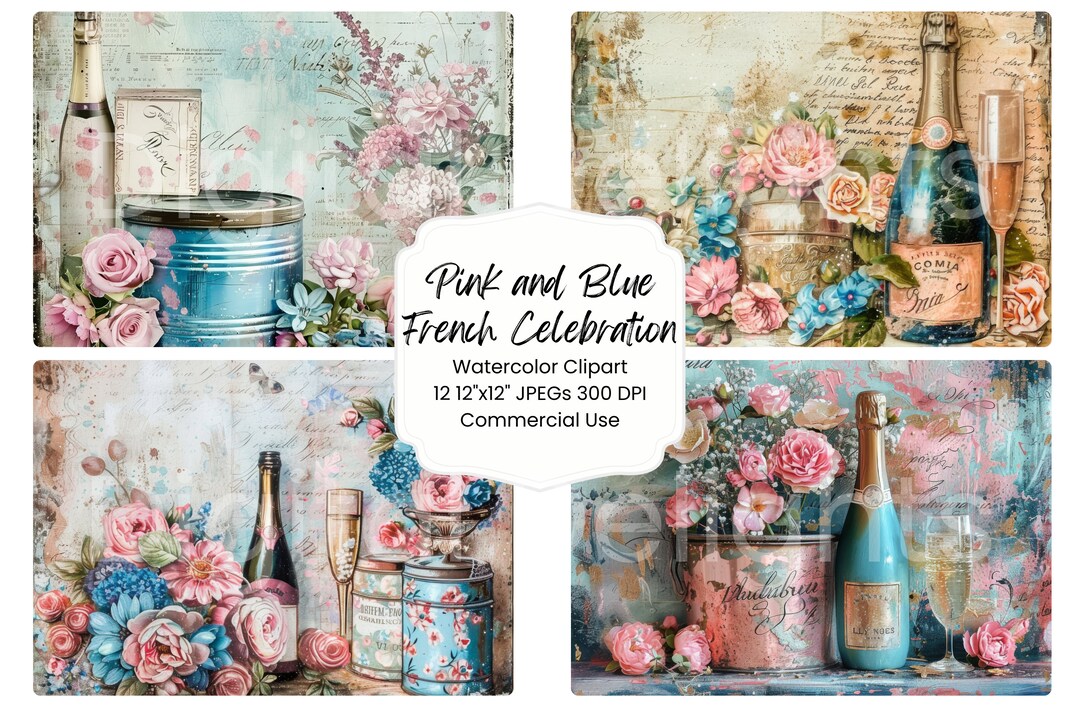 Pink and Blue French Celebration Watercolor Digital Paper Bundle ...