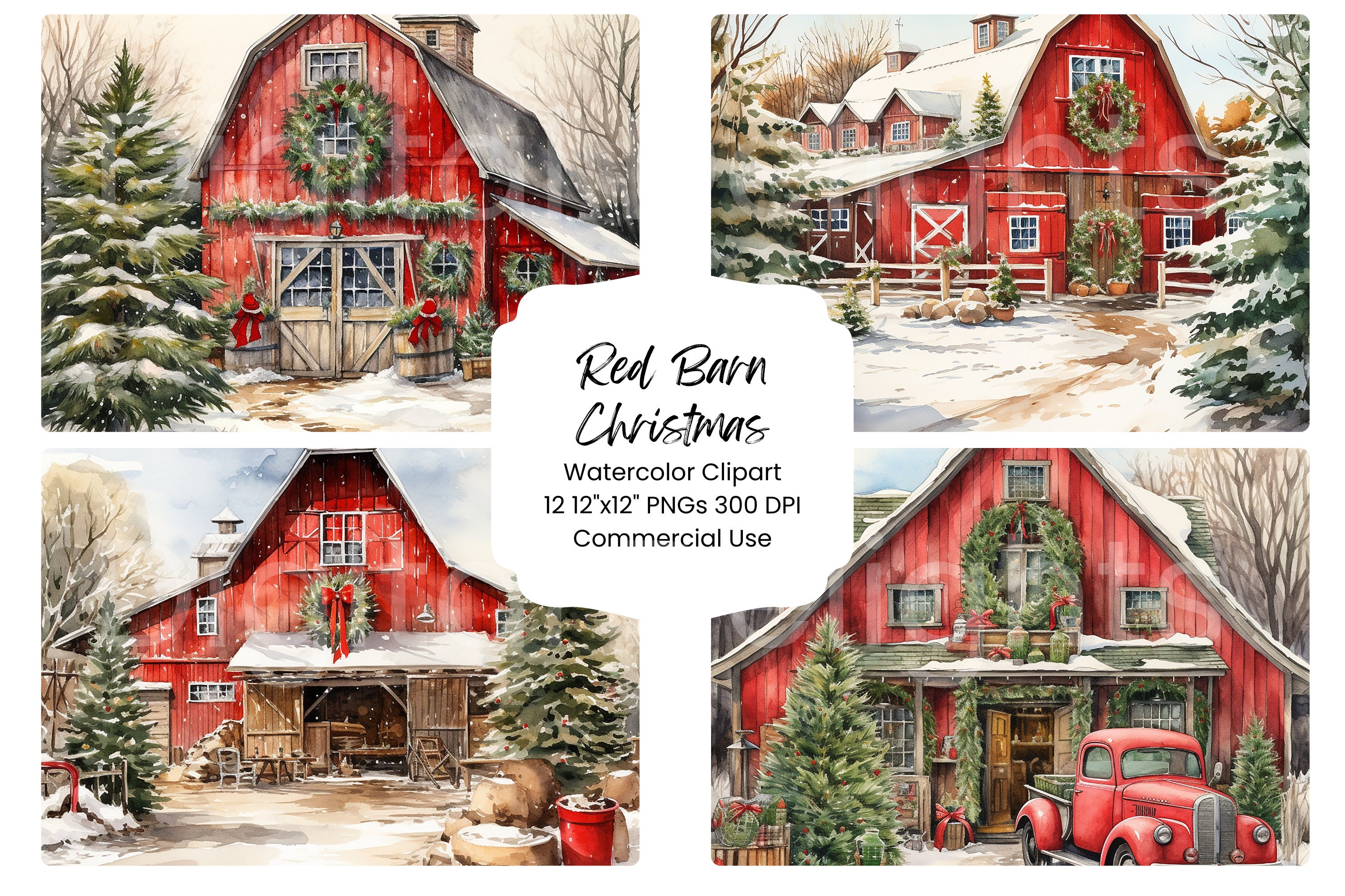 Red Barn Christmas Clipart: Watercolor Holiday Digital Paper (JPEG) - Etsy