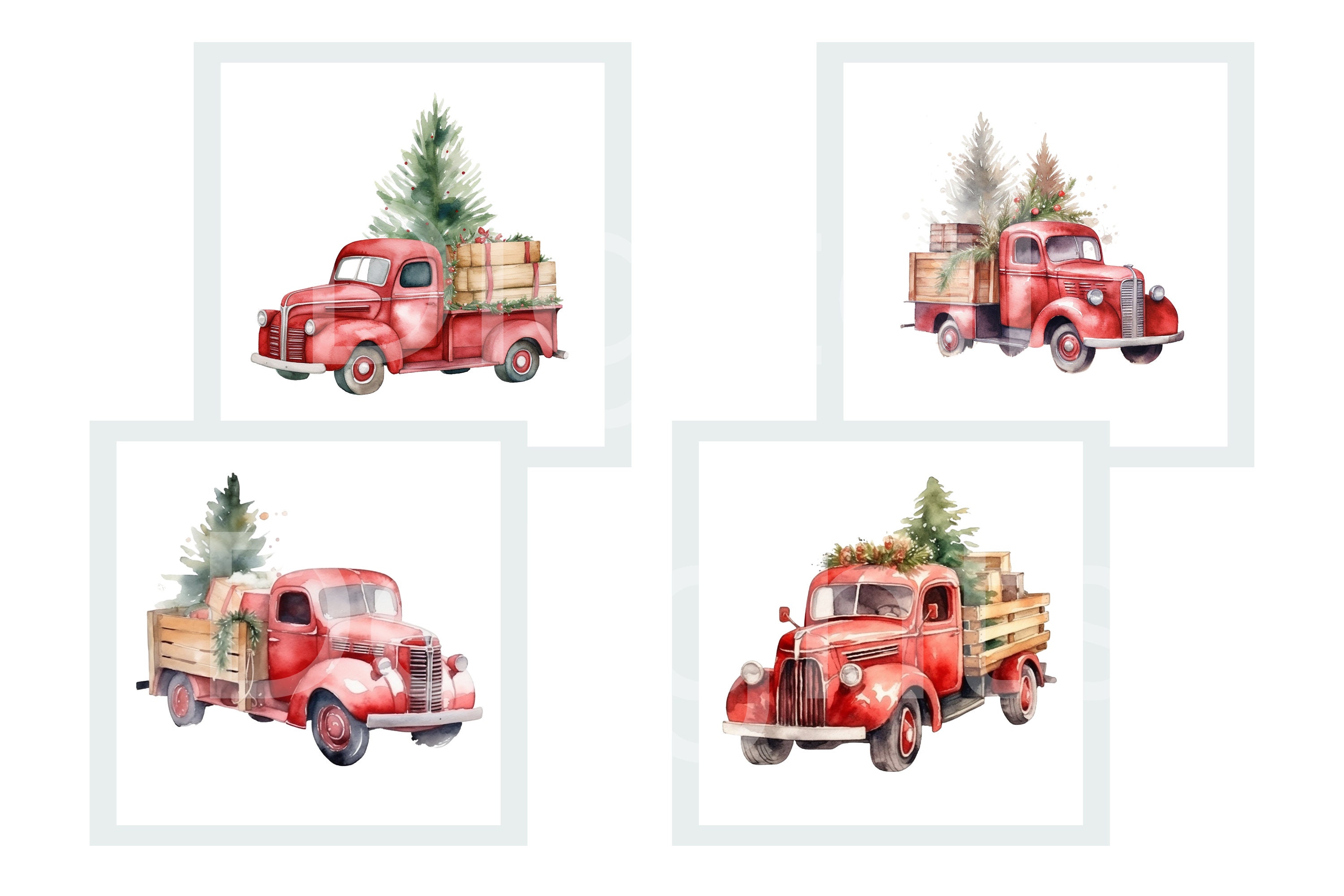 Retro Christmas Truck Clipart Watercolor Digital Paper Bundle - Etsy