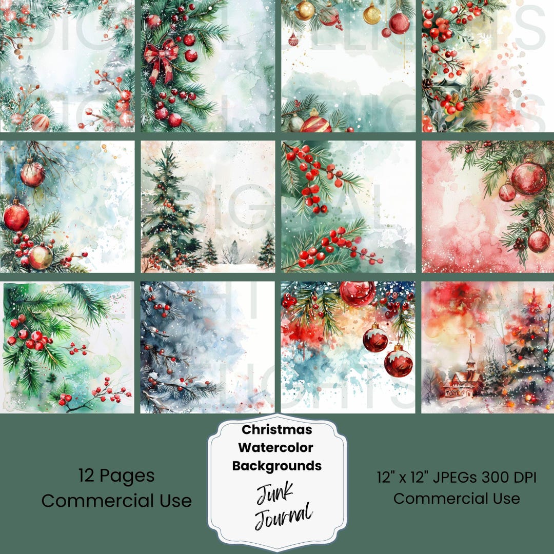Vintage Christmas Watercolor Backgrounds: Holiday Digital Paper (JPEG ...