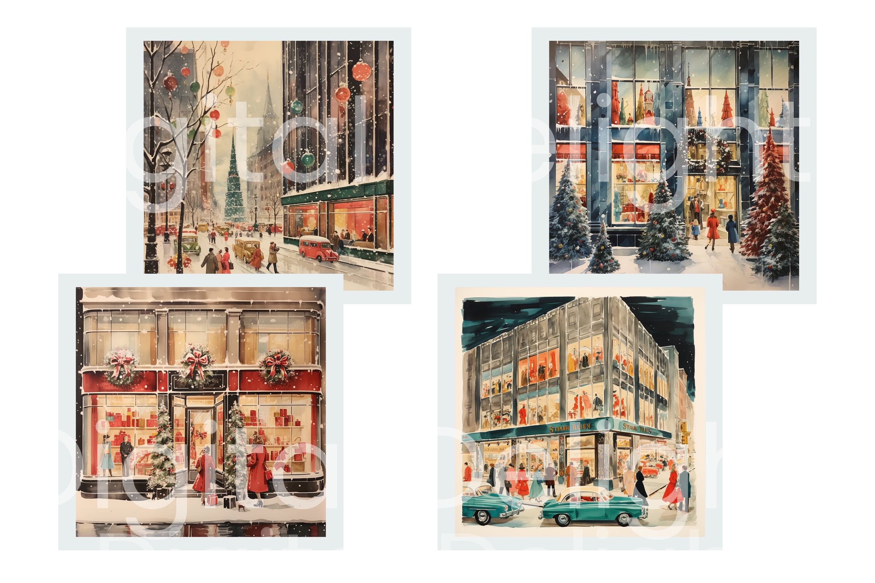 Retro Christmas Shopping Clipart: Watercolor PNG Bundle (digital ...