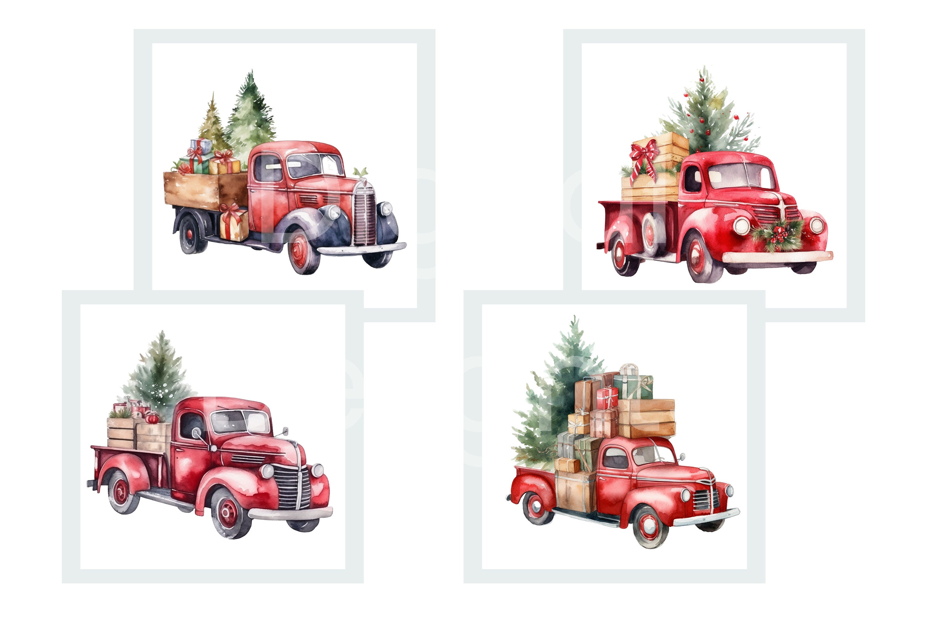 Retro Christmas Truck Clipart Watercolor Digital Paper Bundle - Etsy
