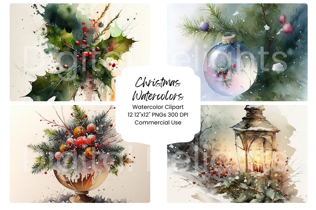 Christmas Watercolor Clipart Digital Paper Bundle 12 PNG Holiday Red ...