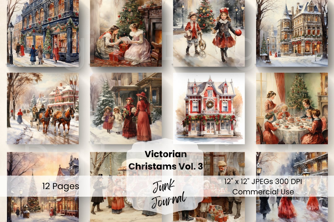 Victorian Christmas Watercolor Digital Paper Bundle 12 JPEG Holiday ...