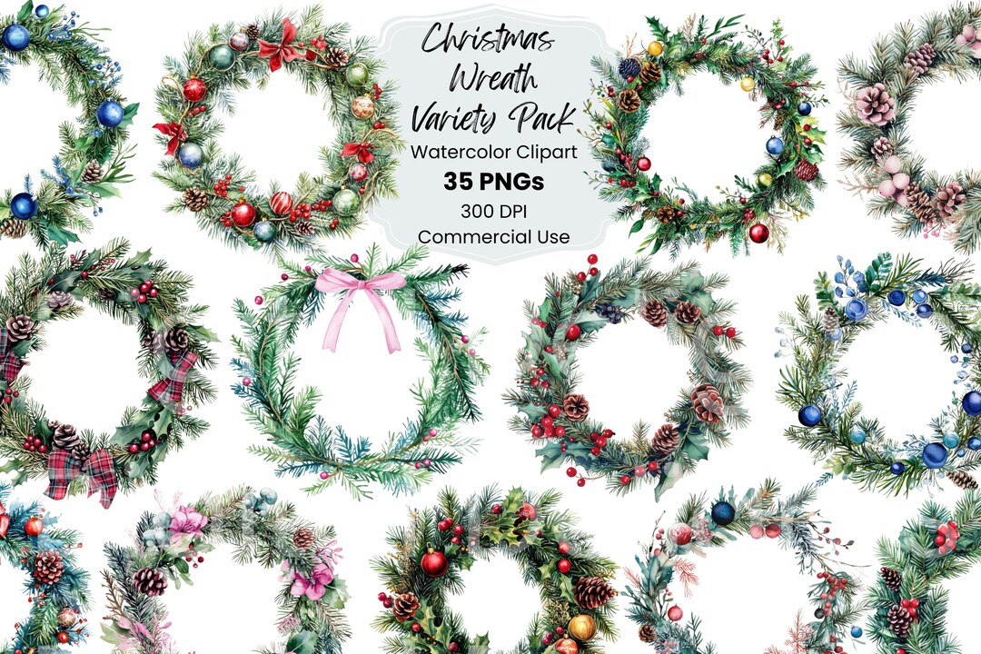 Christmas Wreath Variety Pack Watercolor Digital Clipart Bundle Holiday ...