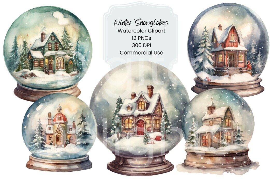 Snow Globe Clipart Watercolor Digital Paper Bundle 12 PNG Holiday ...
