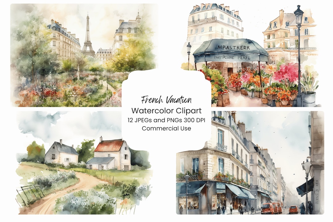 French Vacation Watercolor Digital Paper Bundle 12 PNG JPG Files ...