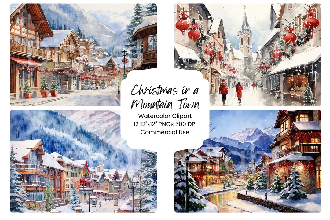 Christmas in a Mountain Town Watercolor Digital Paper Bundle 12 PNG ...