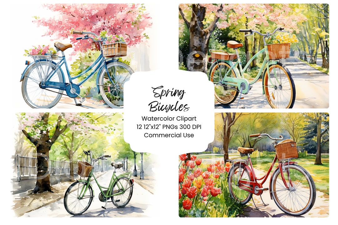 Spring Bicycles Digital Paper Bundle 12 PNG Files Pink Trees Scenery ...