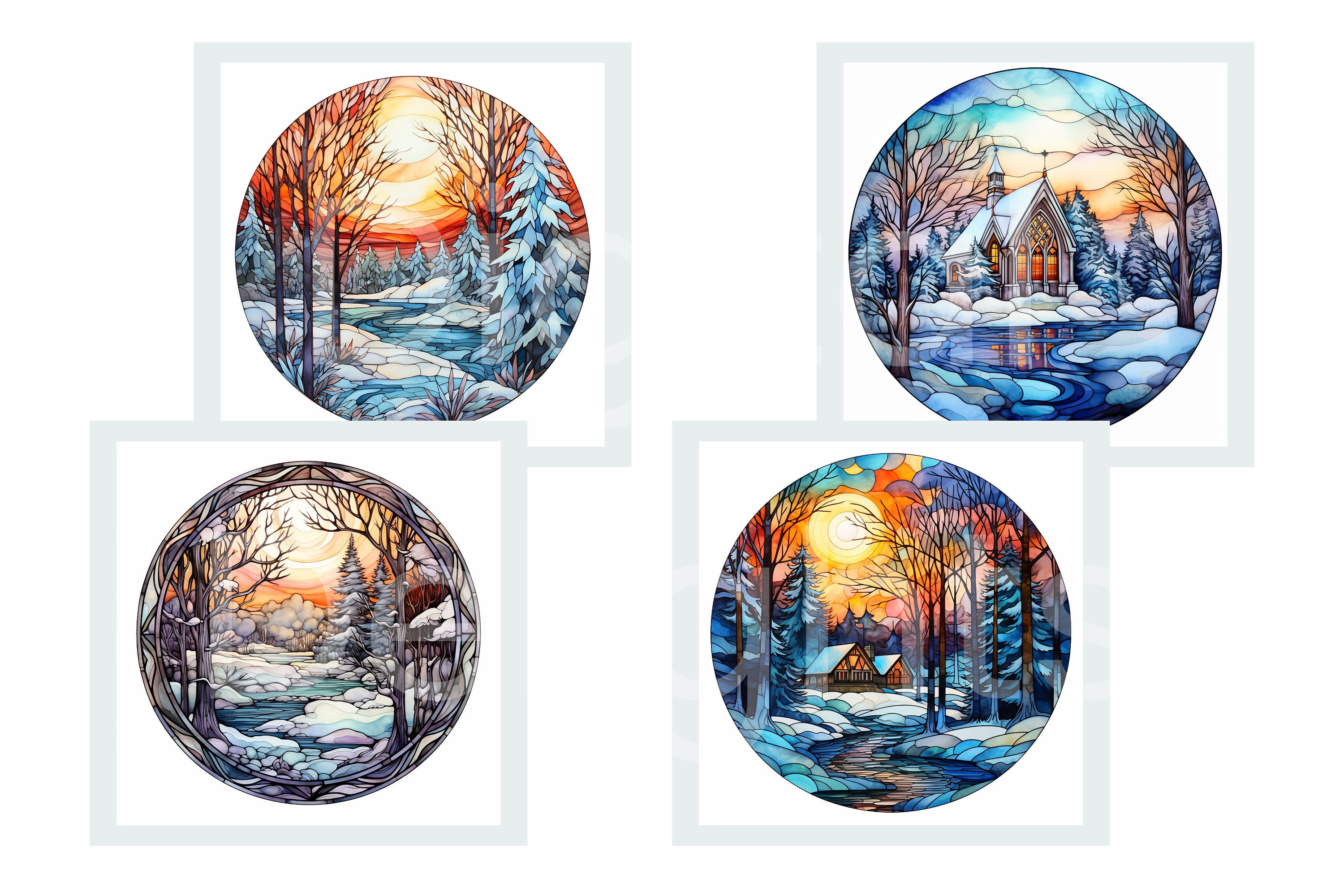 Winter Scene Stained Glass Clipart Watercolor Digital 12 PNG - Etsy