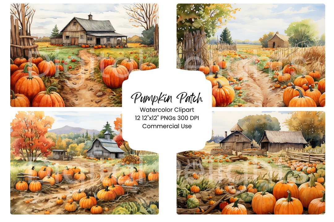 Pumpkin Patch Digital Paper Bundle 12 PNG JPG Files Autumn Farm Halloween Fall Watercolor ...