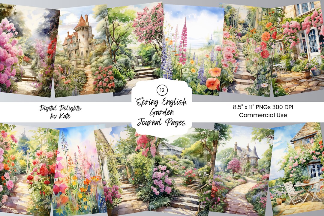 English Spring Garden Watercolor 12 Png Background Junk Journal Card ...