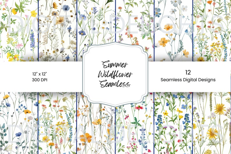 Watercolor Wildflower Digital Paper: 12" Seamless Floral Patterns ...