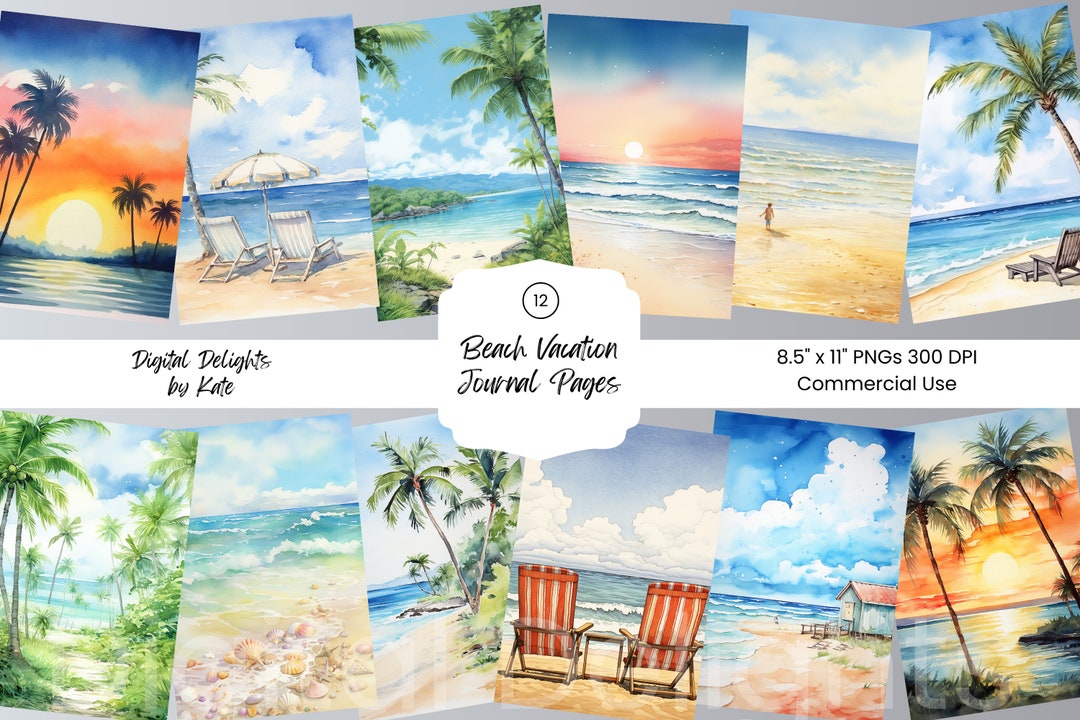 Beach Watercolor Backgrounds: Tropical Vacation Scrapbook Paper ...