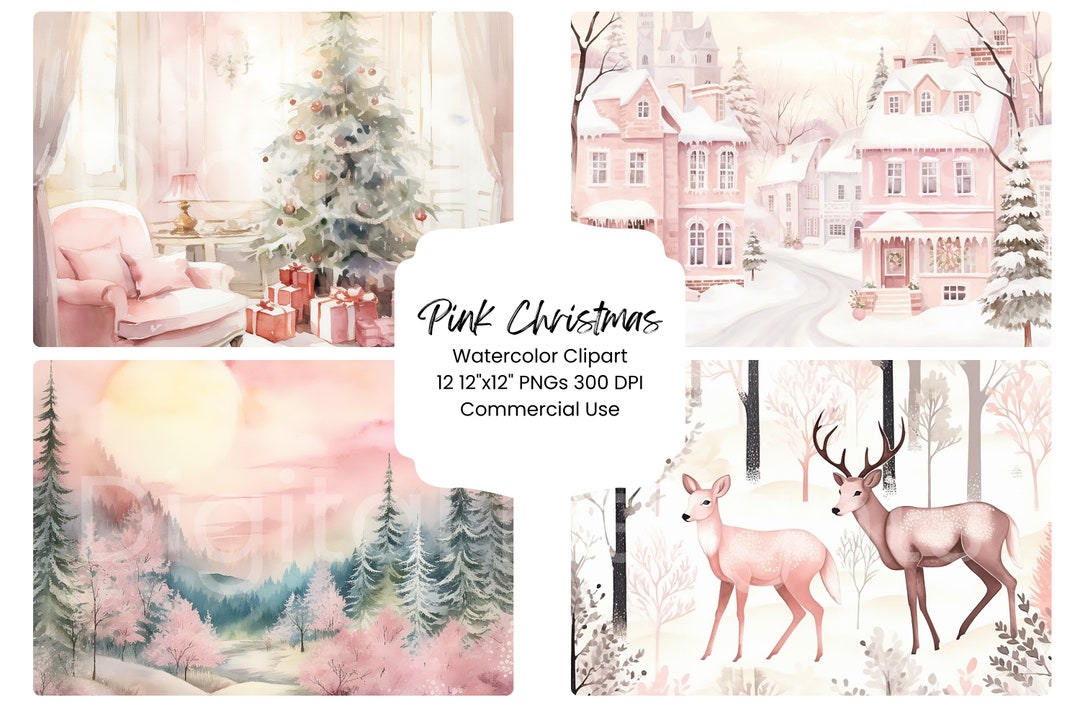 Pink Christmas Clipart: Watercolor Holiday Digital Paper (PNG Bundle ...