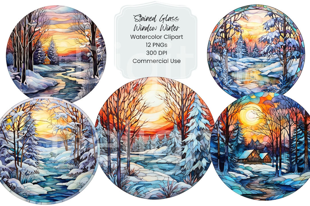 Stained Glass Winter Scene Clipart: Watercolor Holiday PNG (digital ...