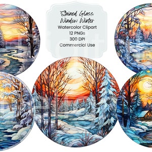 Winter Scene Stained Glass Clipart Watercolor Digital 12 PNG Holiday ...