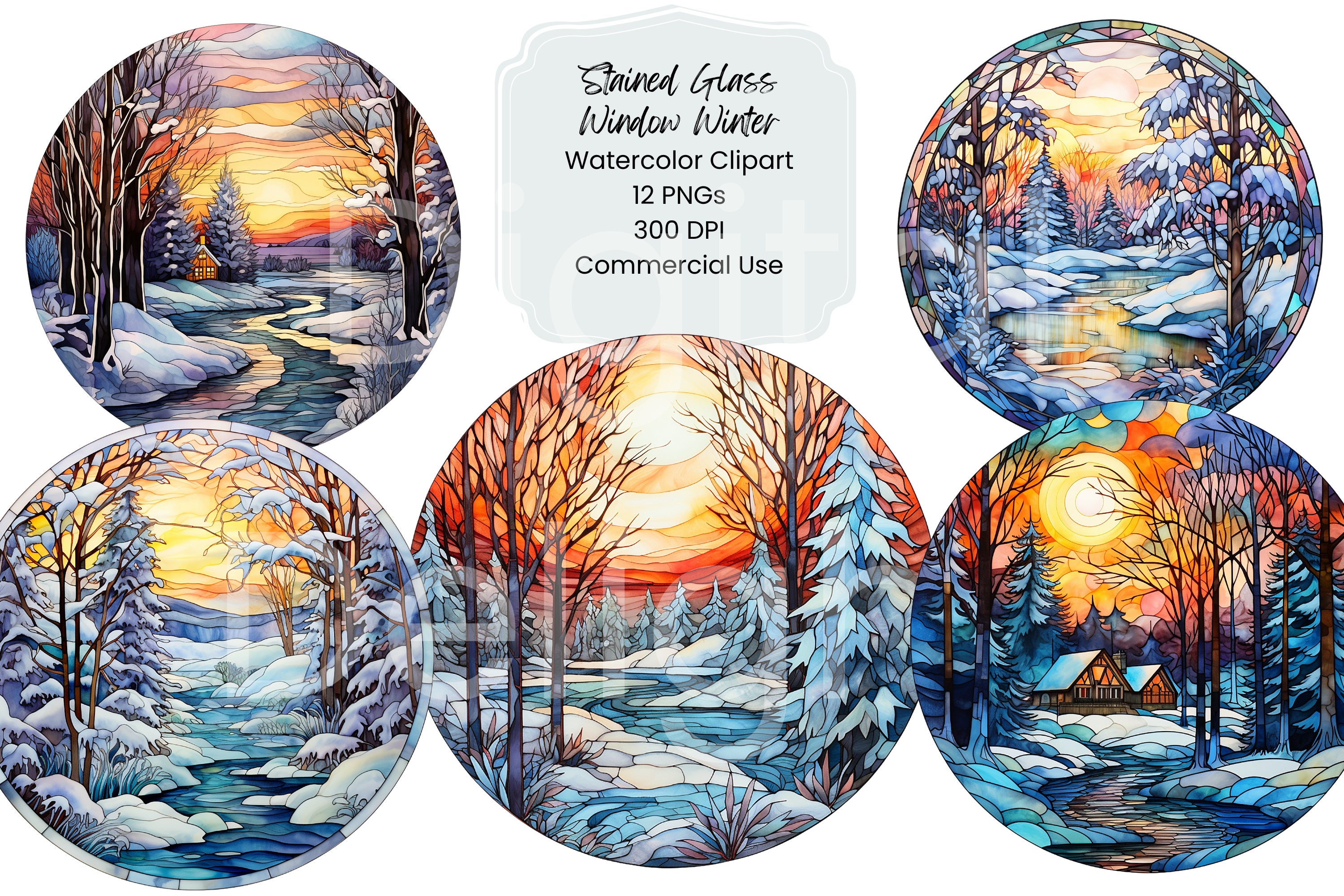 Winter Scene Stained Glass Clipart Watercolor Digital 12 PNG - Etsy