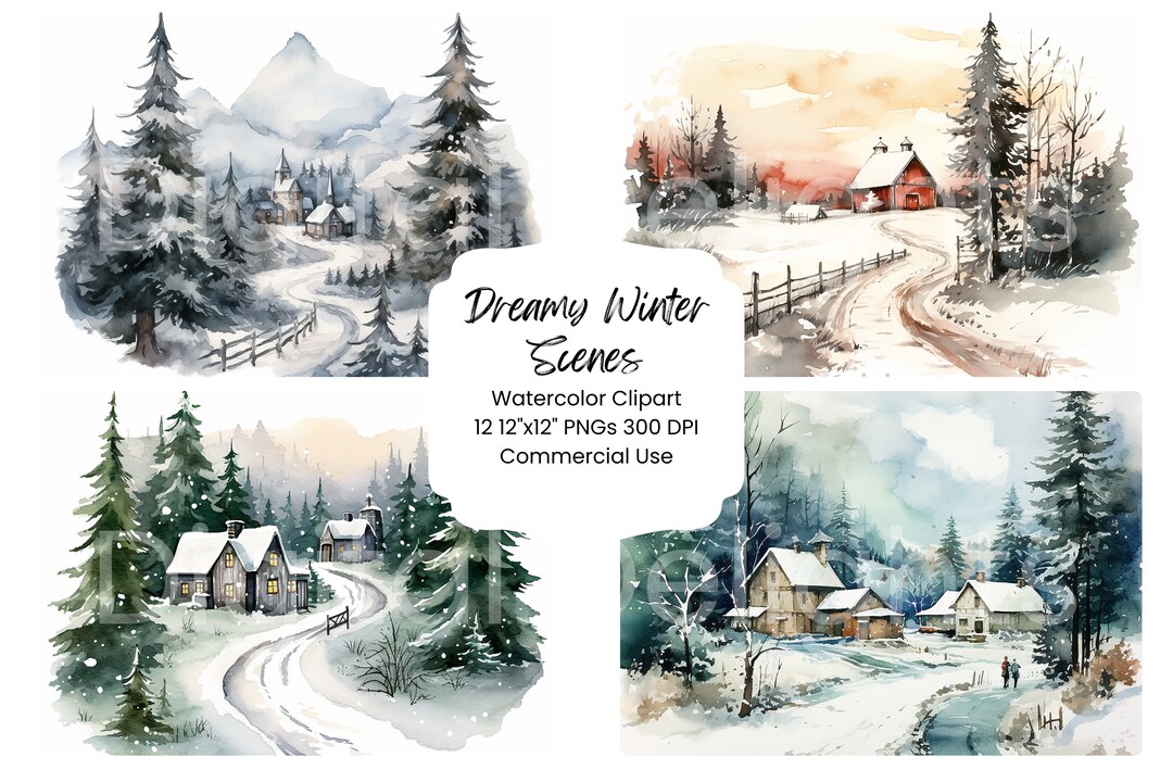 Dreamy Winter Scenes Clipart Watercolor Digital Paper Bundle 12 PNG ...