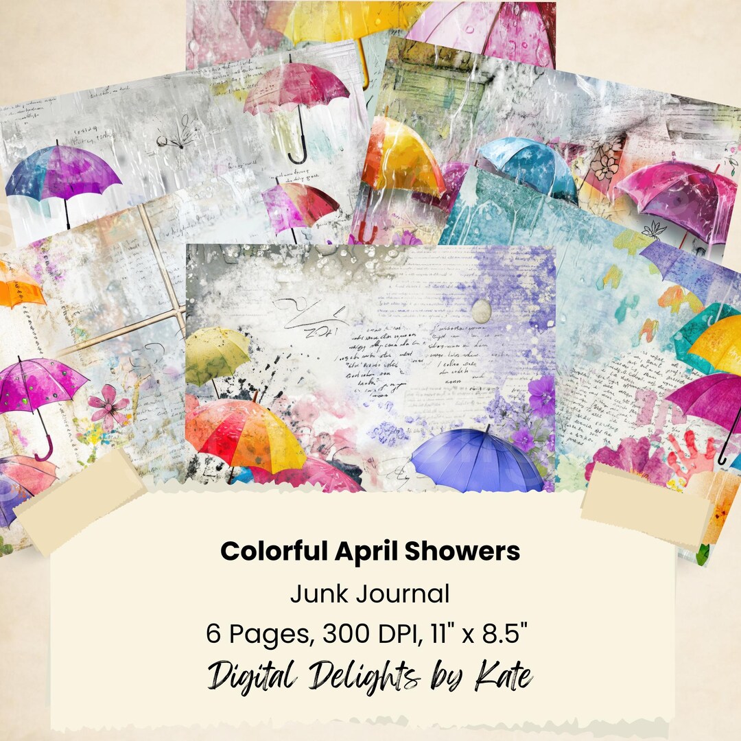Colorful April Showers Digital Junk Journal Pages, Vintage Spring ...