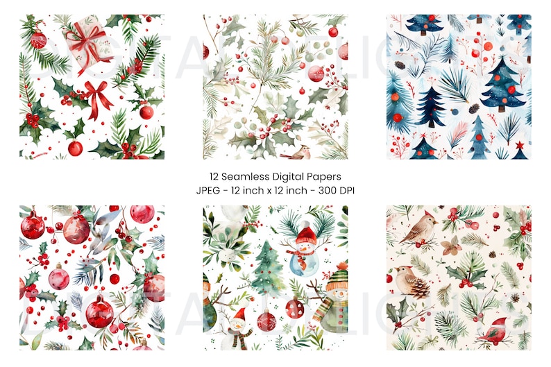 Christmas Watercolor Seamless Patterns, Festive Scrapbook Digital Paper ...