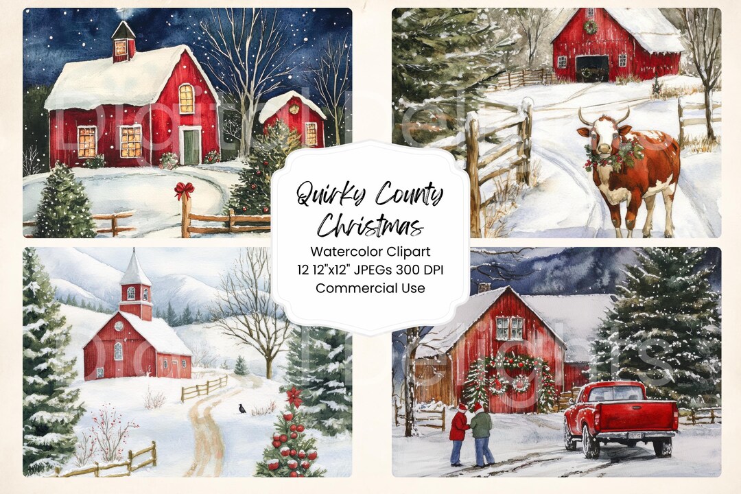 Country Christmas Clipart: Watercolor Barn, Holiday Digital Paper (JPEG ...