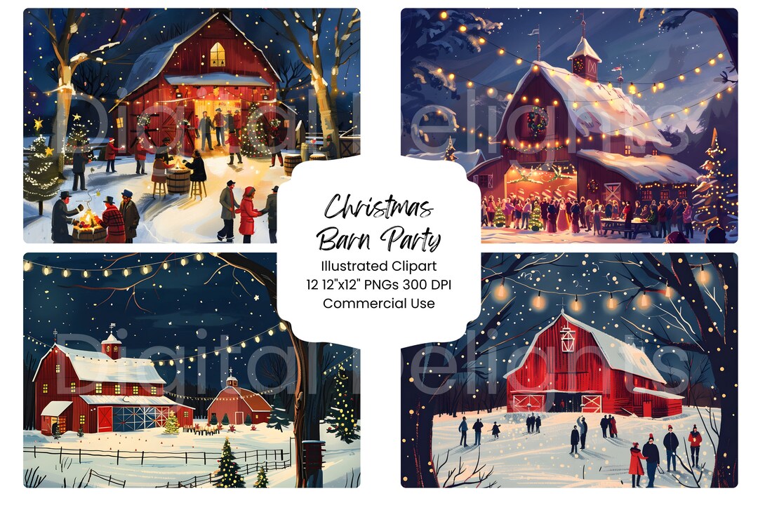 Country Christmas Barn Party Clipart Illustration Digital Paper Bundle ...