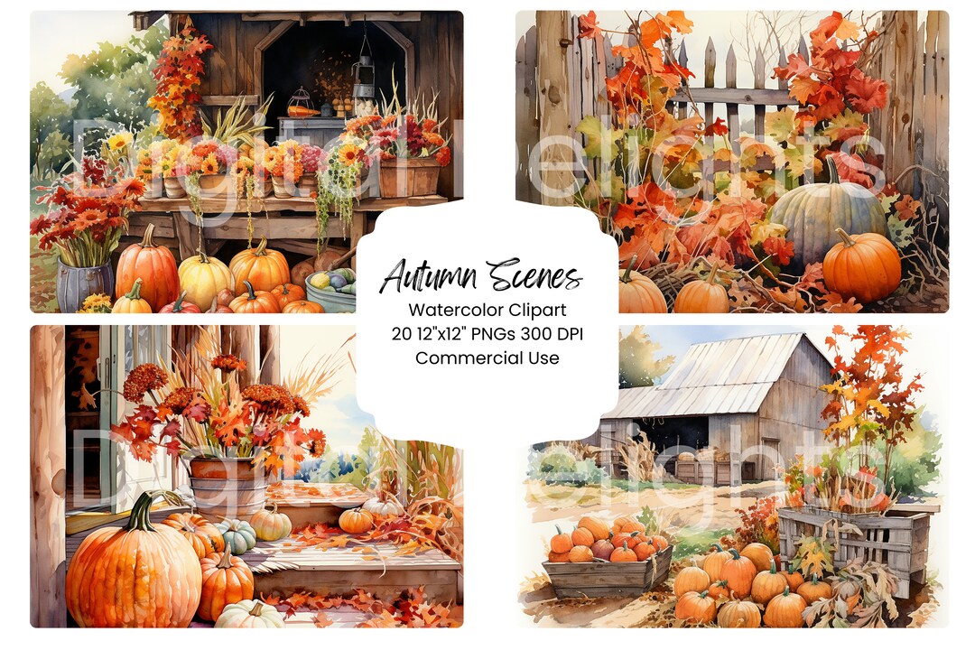 Autumn Scenes Watercolor Digital Paper Bundle 20 PNG Fall Festival ...