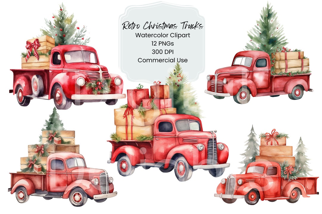 Retro Christmas Truck Clipart Watercolor Digital Paper Bundle 12 JPEG ...