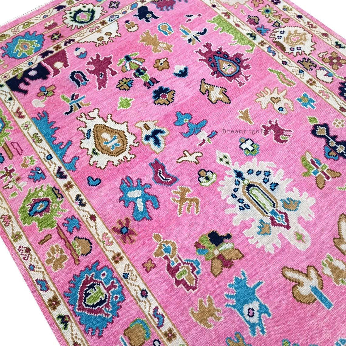 Modern Pink Background With Green Accent Oushak Persian Knot Rug in ...