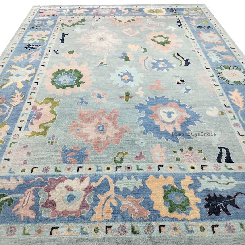 Light Blue and Blue With Pink Accent Oushak Persian Rug in Hand Knotted ...