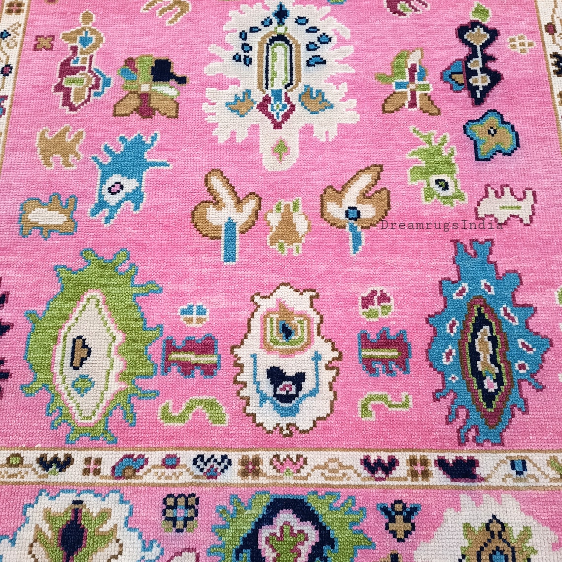 Modern Pink Background With Green Accent Oushak Persian Knot Rug in ...