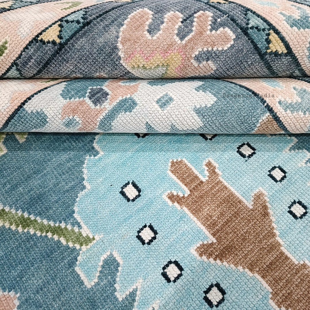 Premium Quality Blue and Grey With Pink Accent Oushak Rug in Hand ...