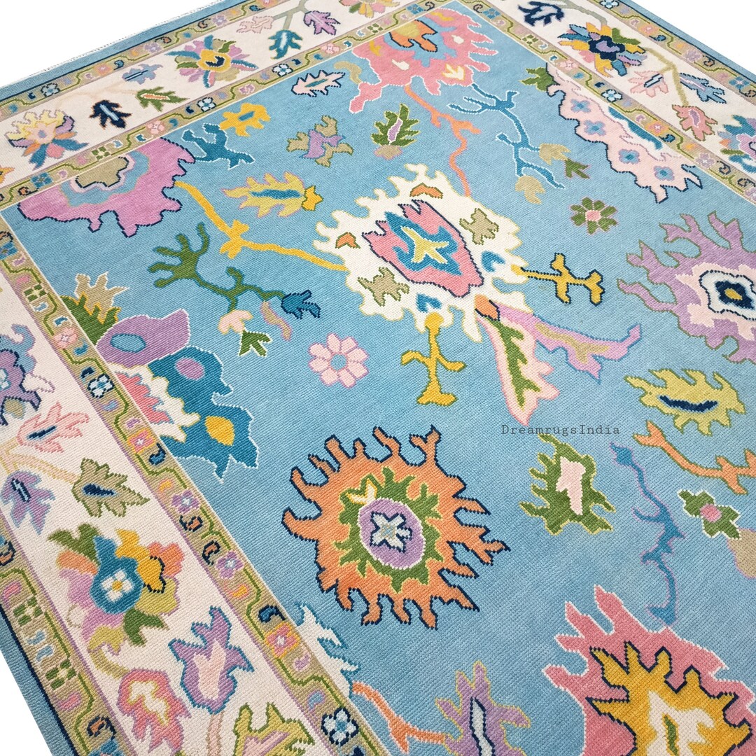 Beautiful Modern Oushak Turkish Knot Wool Rug in Blue and Cream With ...