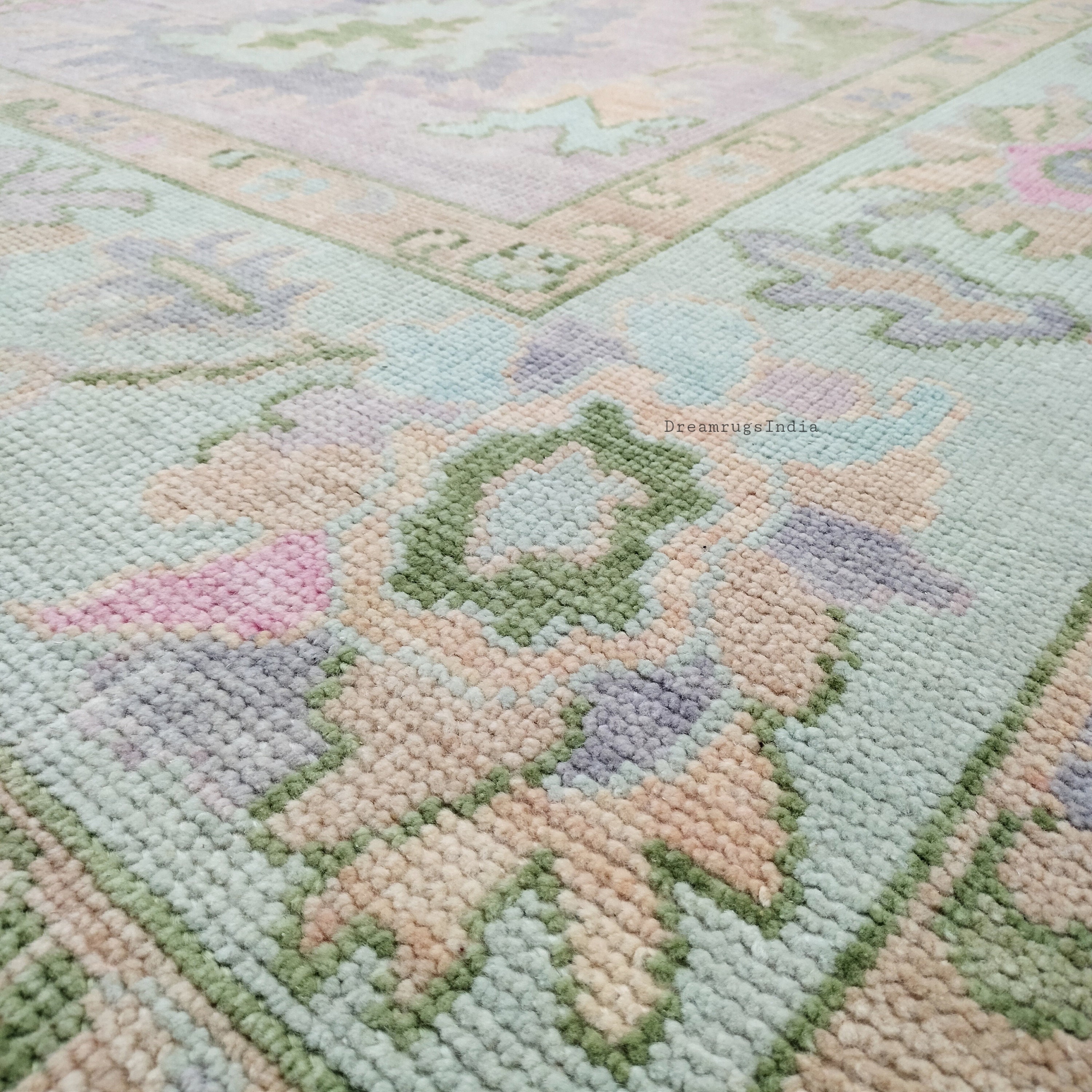 Pastel Pink and Green With Yellow Accent Oushak Persian Knot Rug in ...